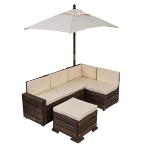 kidkraft wooden outdoor sectional ottoman & umbrella set with cushions, patio furniture for kids or pets, bear brown & beige