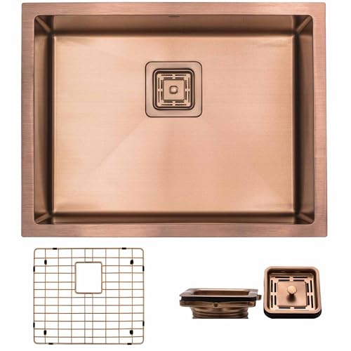 Strictly Sinks 23 Inch Undermount Kitchen Sink – Copper Single Bowl 16 Gauge Stainless Steel Bar Prep Kitchen Sink Scratch & Stain Resistant – With Square Disposal Adapter & Bottom Grid