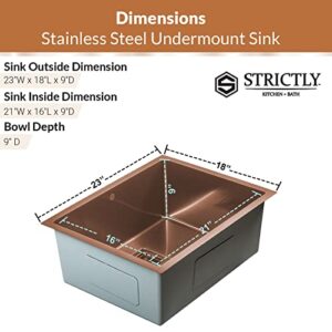 Strictly Sinks 23 Inch Undermount Kitchen Sink – Copper Single Bowl 16 Gauge Stainless Steel Bar Prep Kitchen Sink Scratch & Stain Resistant – With Square Disposal Adapter & Bottom Grid