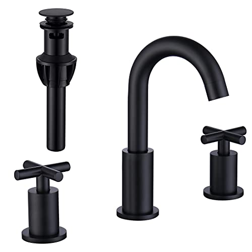 Black 8 Inches 2 Handle Widespread Bathroom Faucet, 3 Hole Bathroom Faucet Matte Black with Valve and Pop-Up Drain Assembly by ChiLDano, CH2133BK