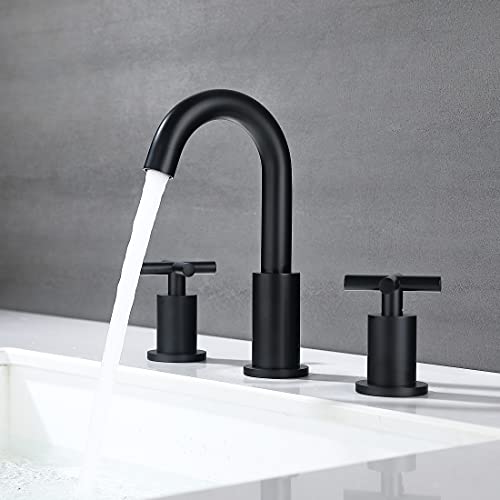 Black 8 Inches 2 Handle Widespread Bathroom Faucet, 3 Hole Bathroom Faucet Matte Black with Valve and Pop-Up Drain Assembly by ChiLDano, CH2133BK