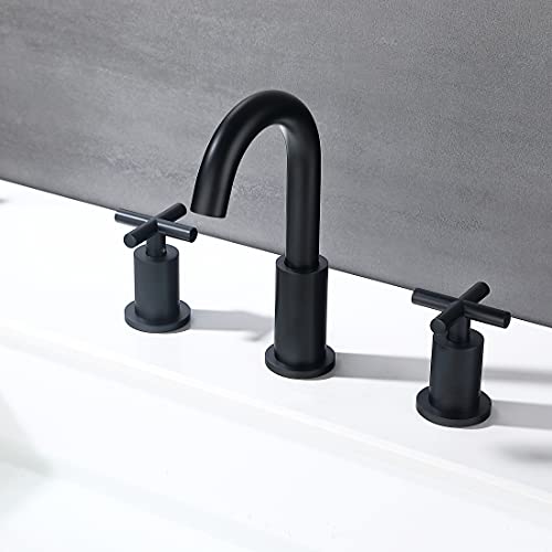 Black 8 Inches 2 Handle Widespread Bathroom Faucet, 3 Hole Bathroom Faucet Matte Black with Valve and Pop-Up Drain Assembly by ChiLDano, CH2133BK