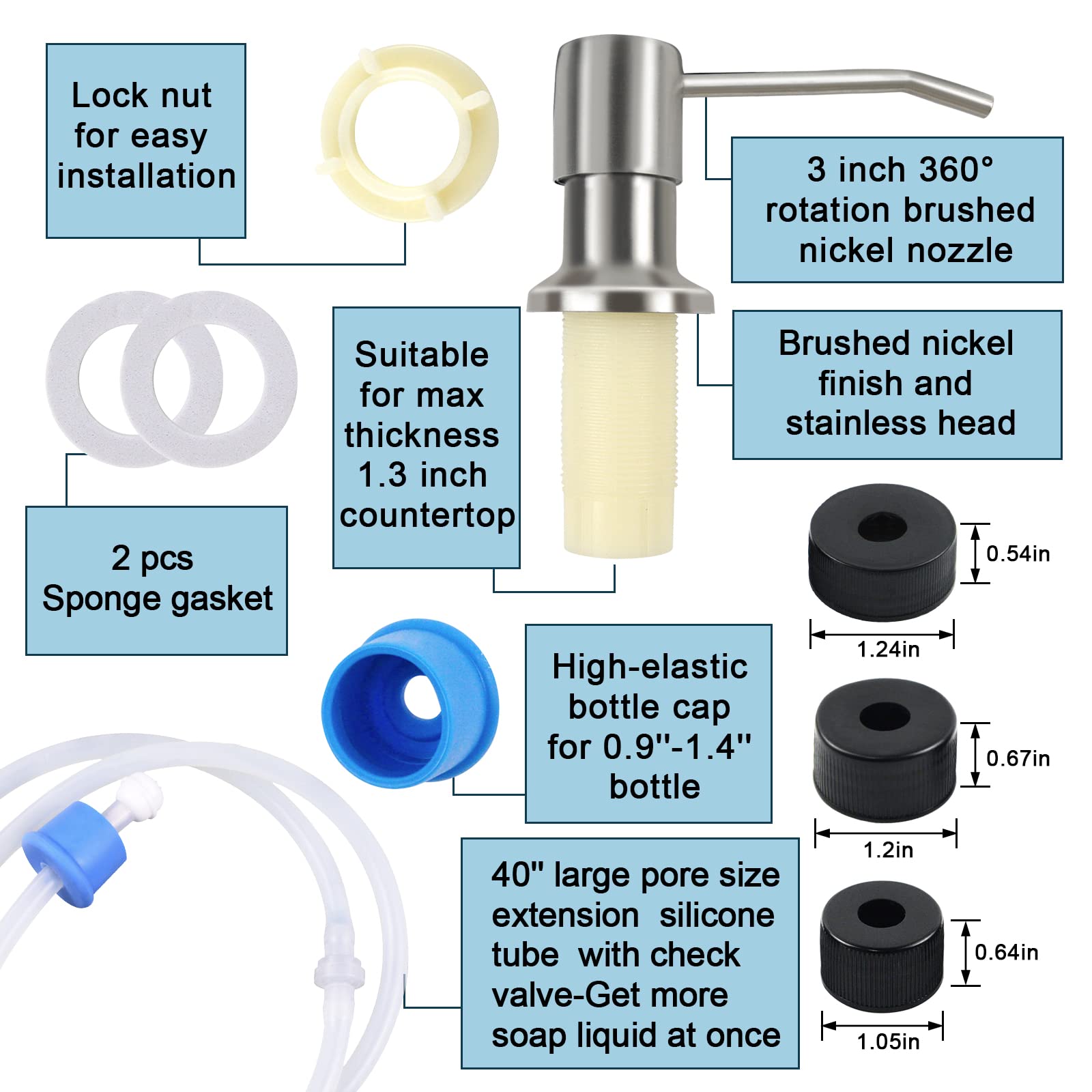 Soap Dispenser for Kitchen Sink(Brushed Nickel),Stainless Steel Countertop Dish Soap Dispenser Pump with Extension Tube kit