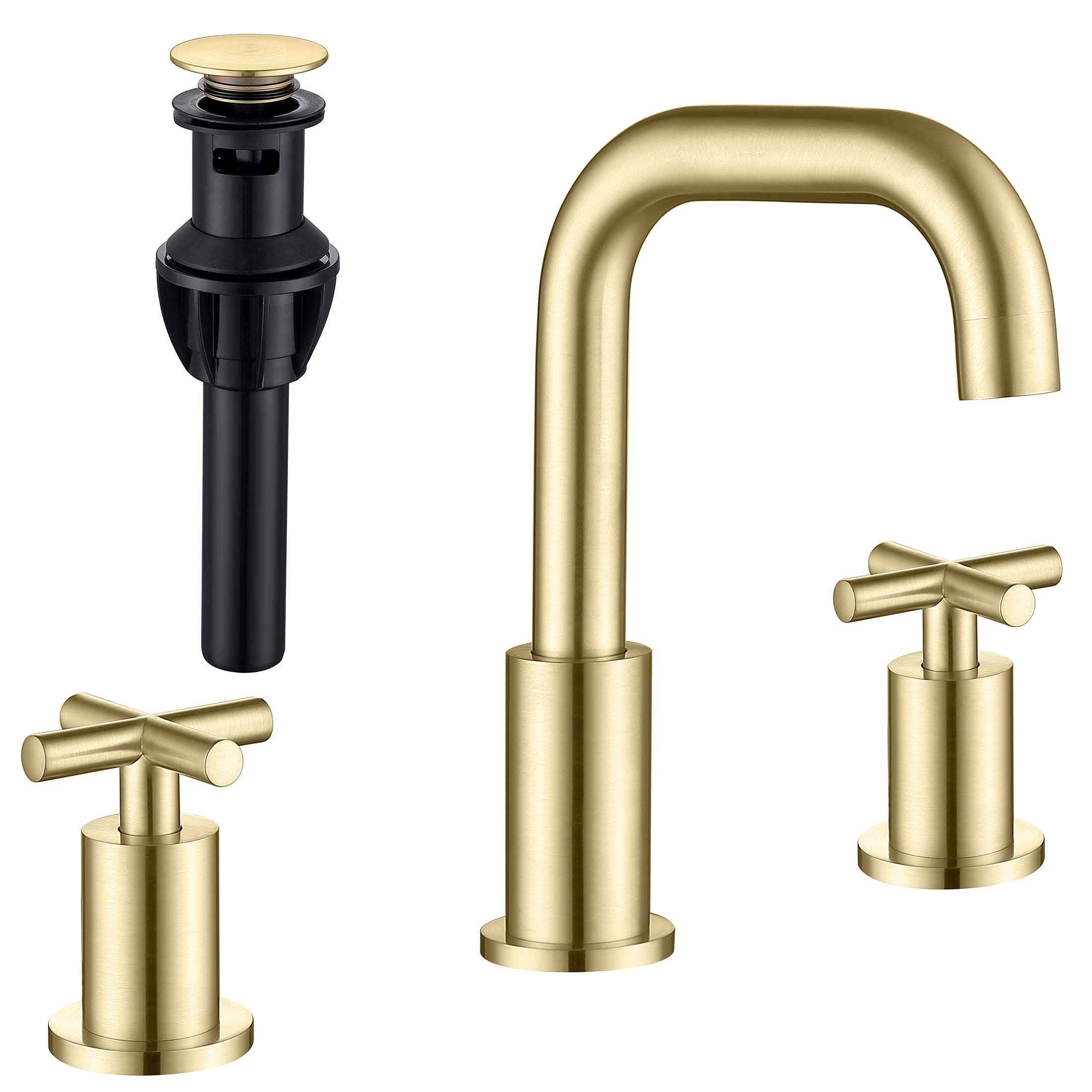 8 Inches Widespread Bathroom Faucet Brushed Gold, 2 Handle Brass Bathroom Faucets for Sink 3 Hole with Valve and Pop-Up Drain Assembly by ChiLDano, CH3163BG