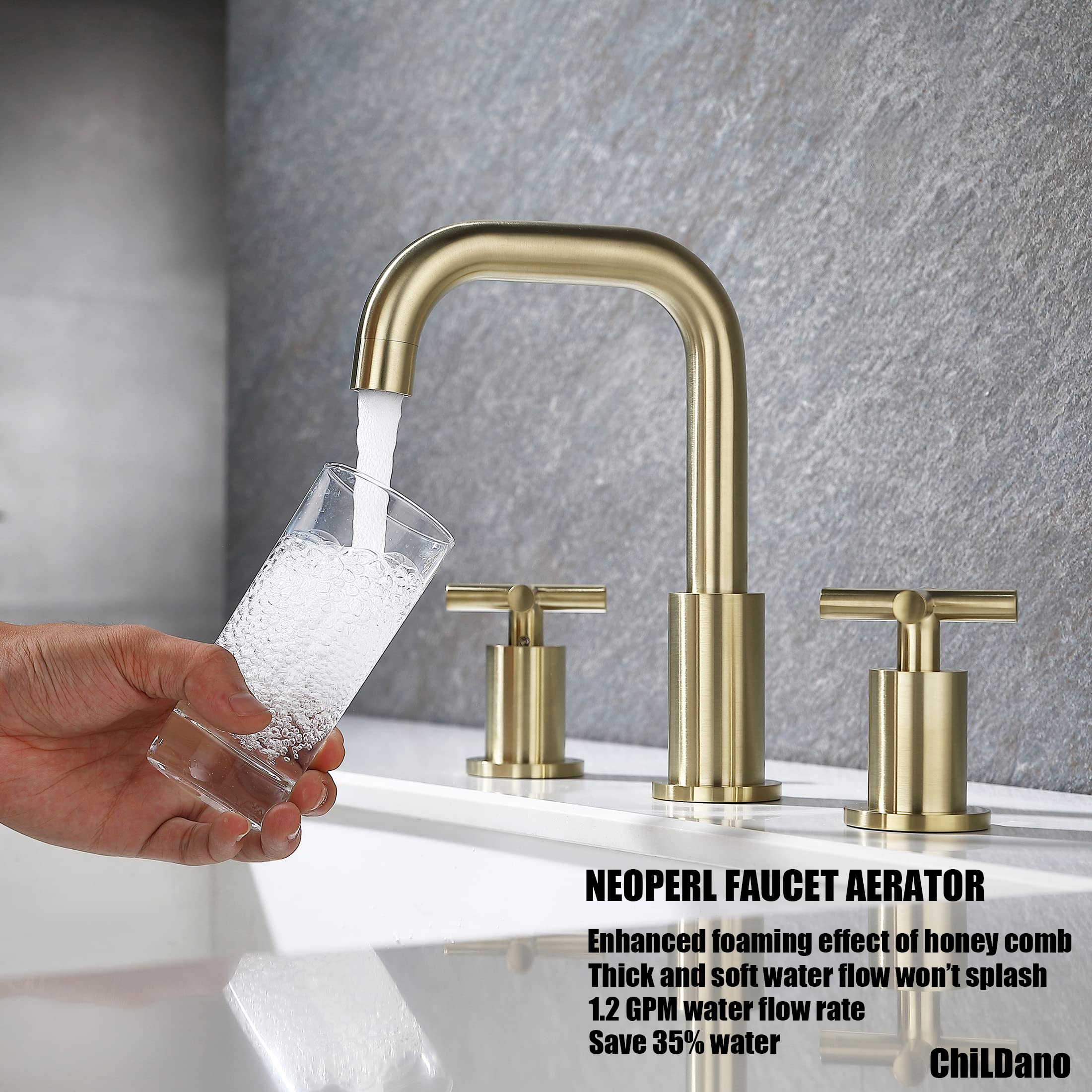 8 Inches Widespread Bathroom Faucet Brushed Gold, 2 Handle Brass Bathroom Faucets for Sink 3 Hole with Valve and Pop-Up Drain Assembly by ChiLDano, CH3163BG