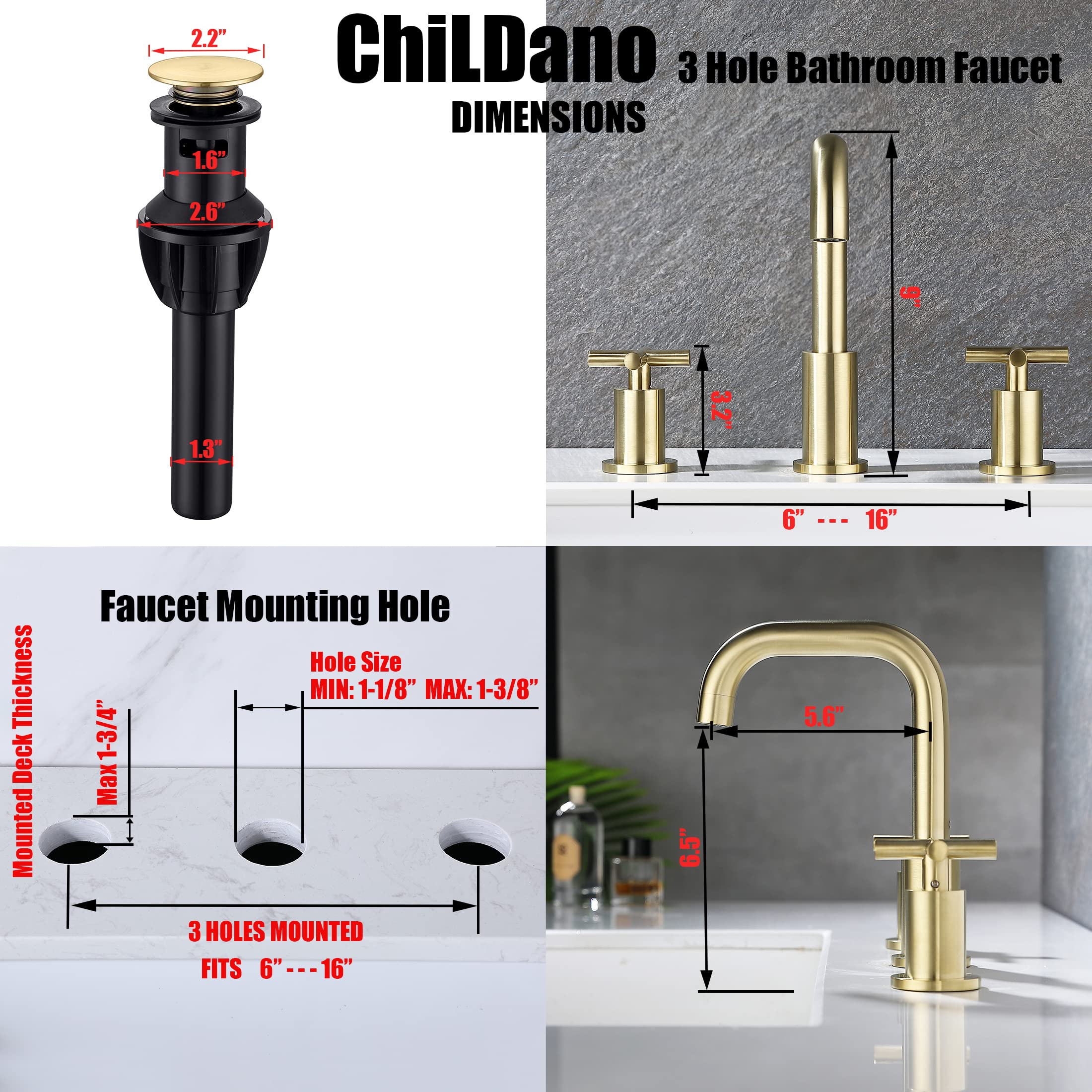 8 Inches Widespread Bathroom Faucet Brushed Gold, 2 Handle Brass Bathroom Faucets for Sink 3 Hole with Valve and Pop-Up Drain Assembly by ChiLDano, CH3163BG