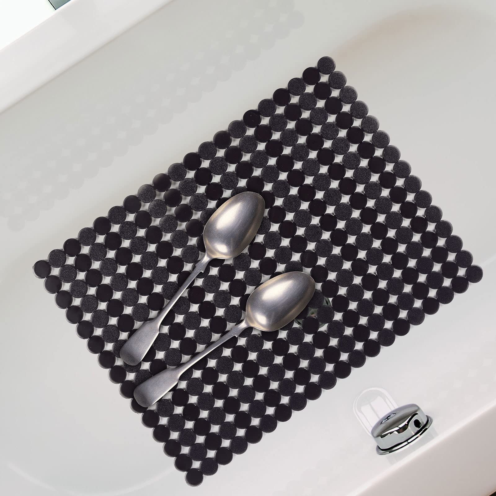 Qulable 2Pack Kitchen Sink Mat for Stainless Steel/Ceramic Sinks, PVC Eco-friendly Protectors for Bottom of Kitchen Sink, Adjustable, Fast Draining, Dots Design, 11.8x15.7 (Black)