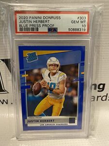 psa gem mint 10 2020 panini donruss justin herbert blue press proof rated rookie card