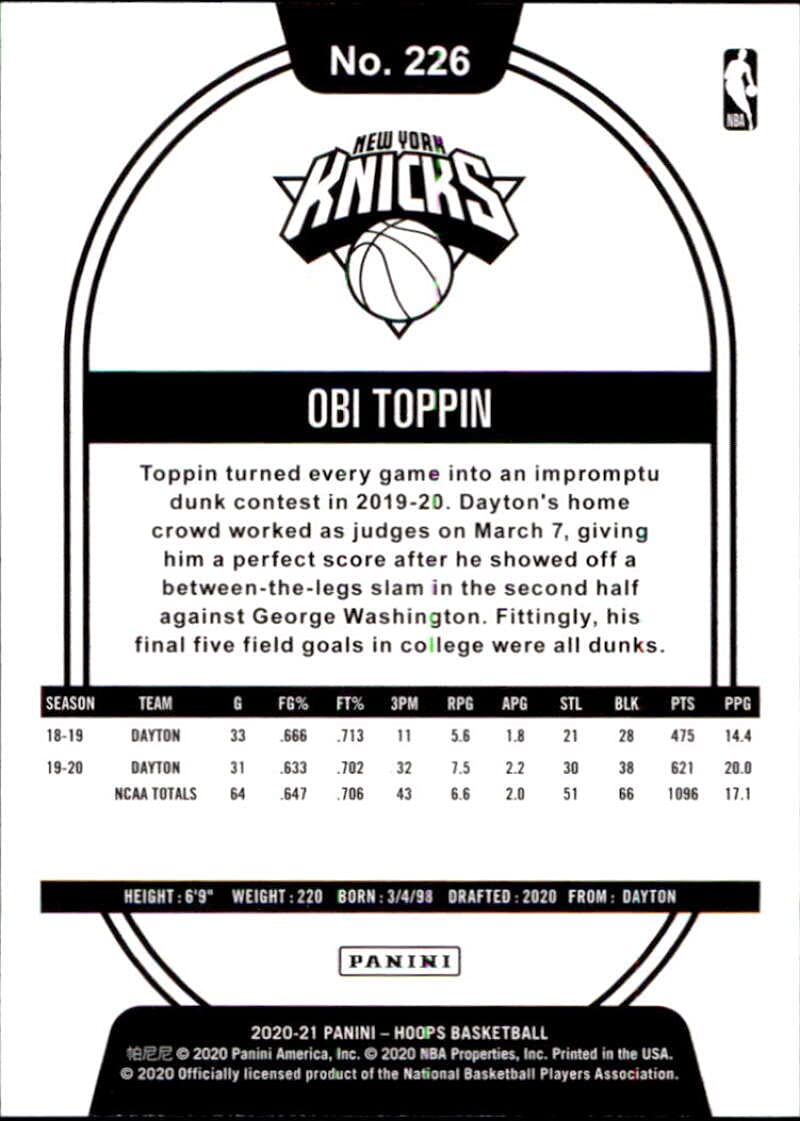 2020-21 Panini Hoops #226 Obi Toppin RC Rookie New York Knicks NBA Basketball Trading Card