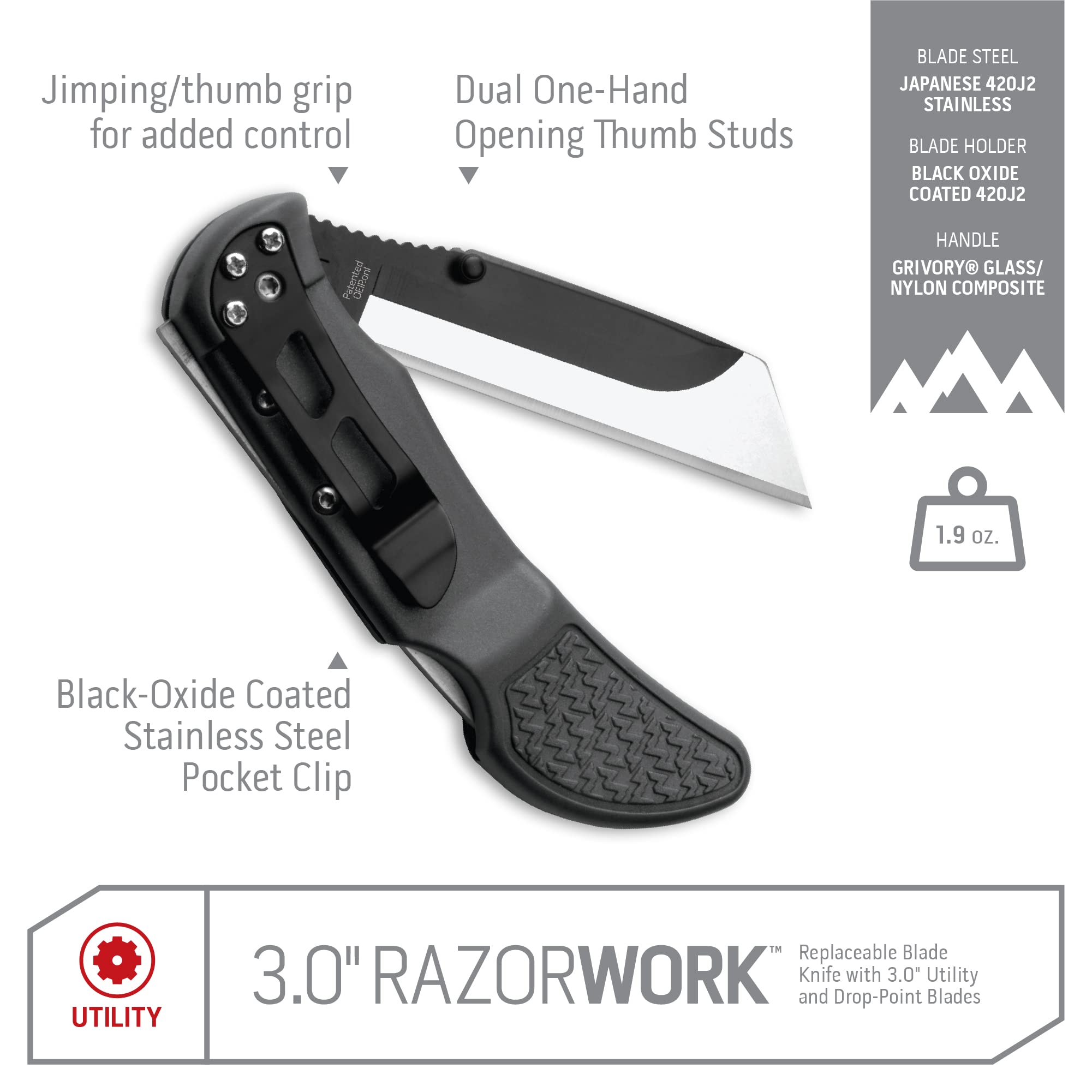 Outdoor Edge 3.0" RAZOR-WORK - RazorSafe Replaceable Blade Folding Utility Knife with Pocket Clip, 3X Cutting Edge, Shaving Sharp (Gray, 3 Blades)