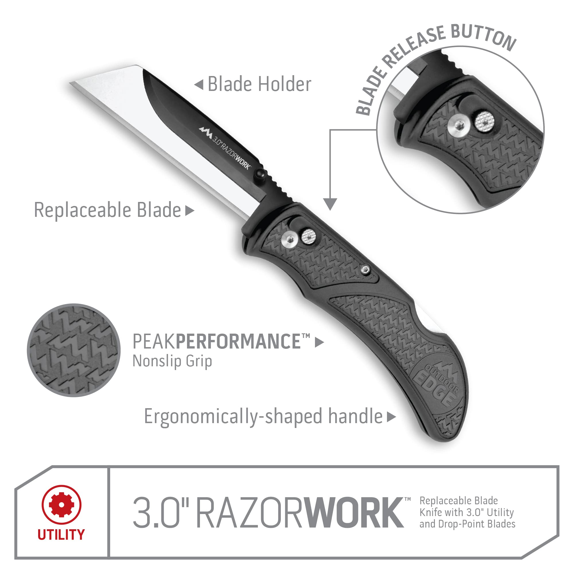 Outdoor Edge 3.0" RAZOR-WORK - RazorSafe Replaceable Blade Folding Utility Knife with Pocket Clip, 3X Cutting Edge, Shaving Sharp (Gray, 3 Blades)