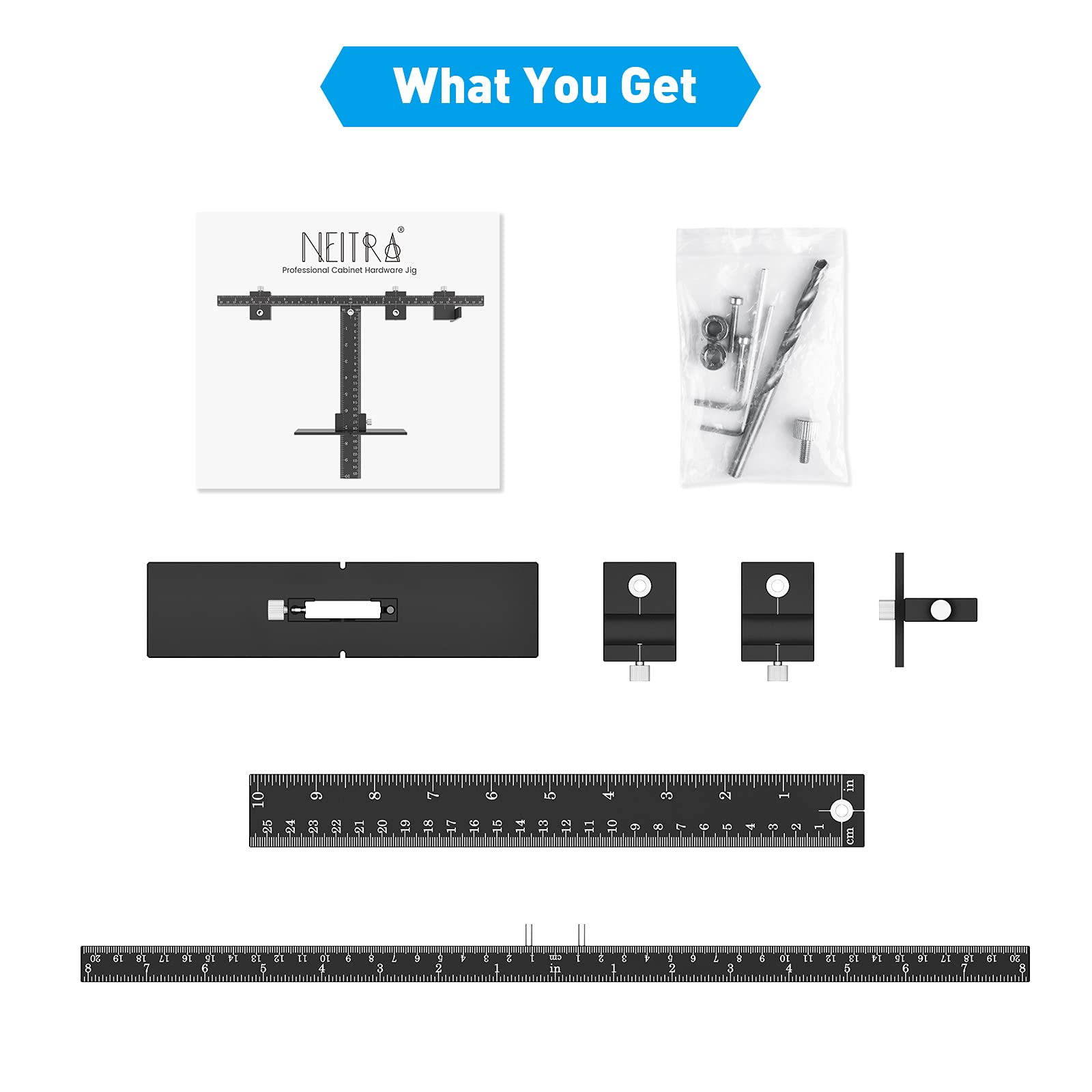 Neitra Cabinet Hardware Jig, Adjustable Drill Guide for Accurate Installation of Door and Drawer Front Handles and Knobs Punch Locator Wood Drilling Doweling Templates Jig Tool