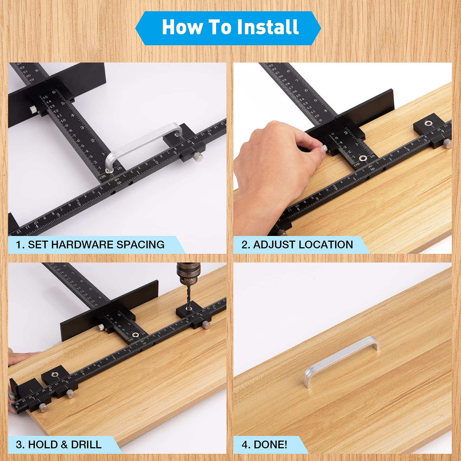 Neitra Cabinet Hardware Jig, Adjustable Drill Guide for Accurate Installation of Door and Drawer Front Handles and Knobs Punch Locator Wood Drilling Doweling Templates Jig Tool