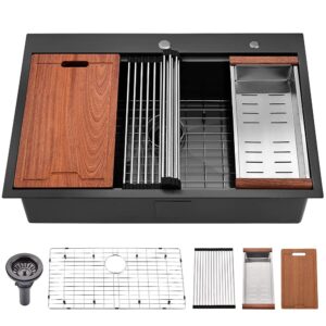 33x22 black drop in kitchen sink workstation-wmxqx 33 inch drop in kitchen sink black top mount sinks 16 gauge stainless steel single bowl deep kitchen sink with cutting board