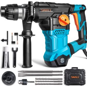 shall 1-1/4 inch sds plus heavy duty rotary hammer drill, 1500w rotomartillo, 6 variable speeds, flat chisel, point chisel and 3 drill bits included, for drilling, hammering, chiseling, 0-950 rpm