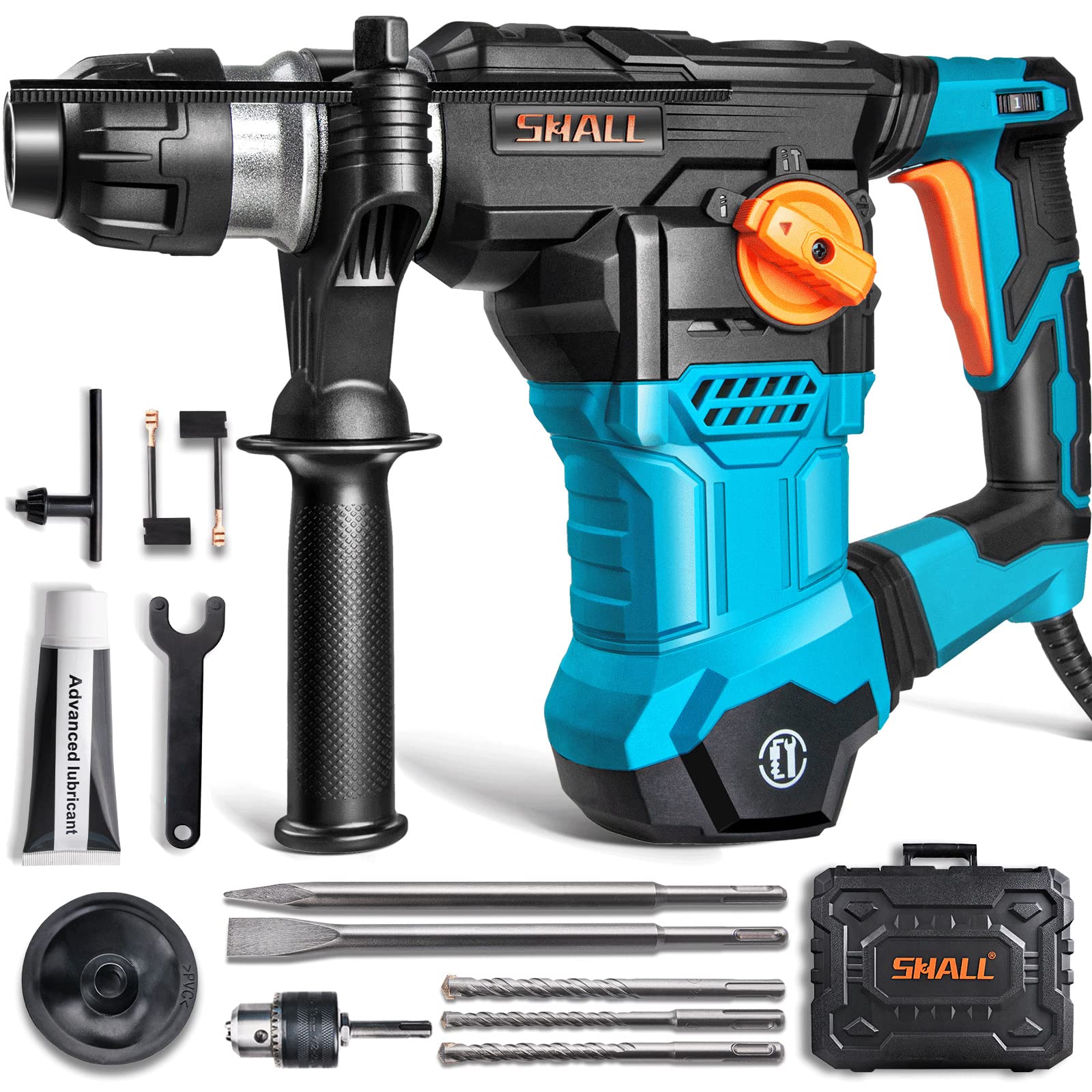 SHALL 1-1/4 Inch SDS Plus Heavy Duty Rotary Hammer Drill, 1500W Rotomartillo, 6 Variable Speeds, Flat Chisel, Point Chisel and 3 Drill Bits Included, for Drilling, Hammering, Chiseling, 0-950 RPM