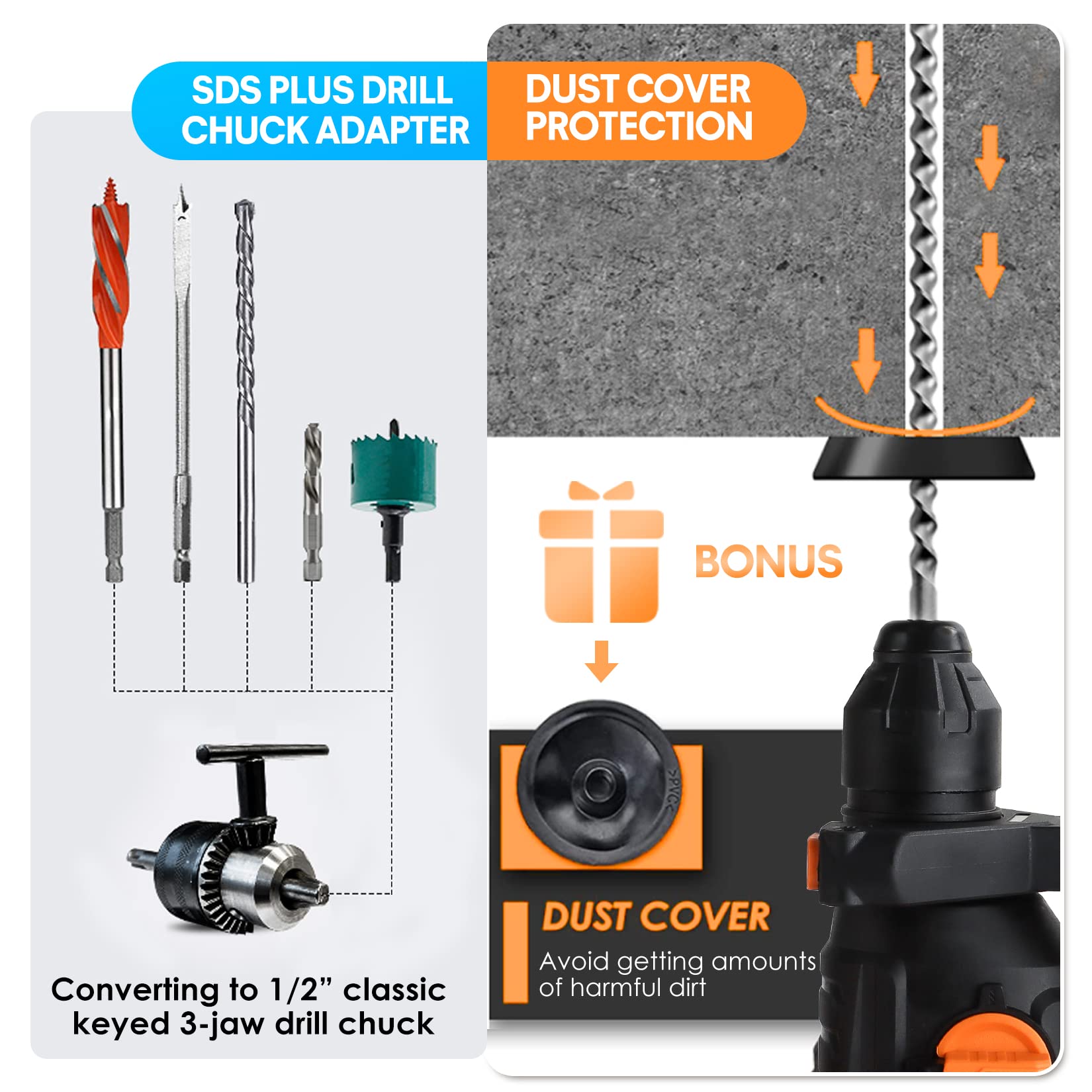 SHALL 1-1/4 Inch SDS Plus Heavy Duty Rotary Hammer Drill, 1500W Rotomartillo, 6 Variable Speeds, Flat Chisel, Point Chisel and 3 Drill Bits Included, for Drilling, Hammering, Chiseling, 0-950 RPM