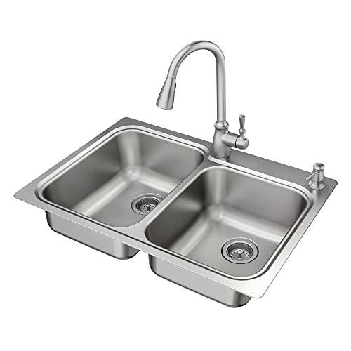 Moen Lainie Stainless Dual-Mount 22-Inch x 33-Inch Stainless Steel Kitchen Sink with Pulldown Kitchen Faucet and Soap Dispenser, All-in-One Kit, 21689