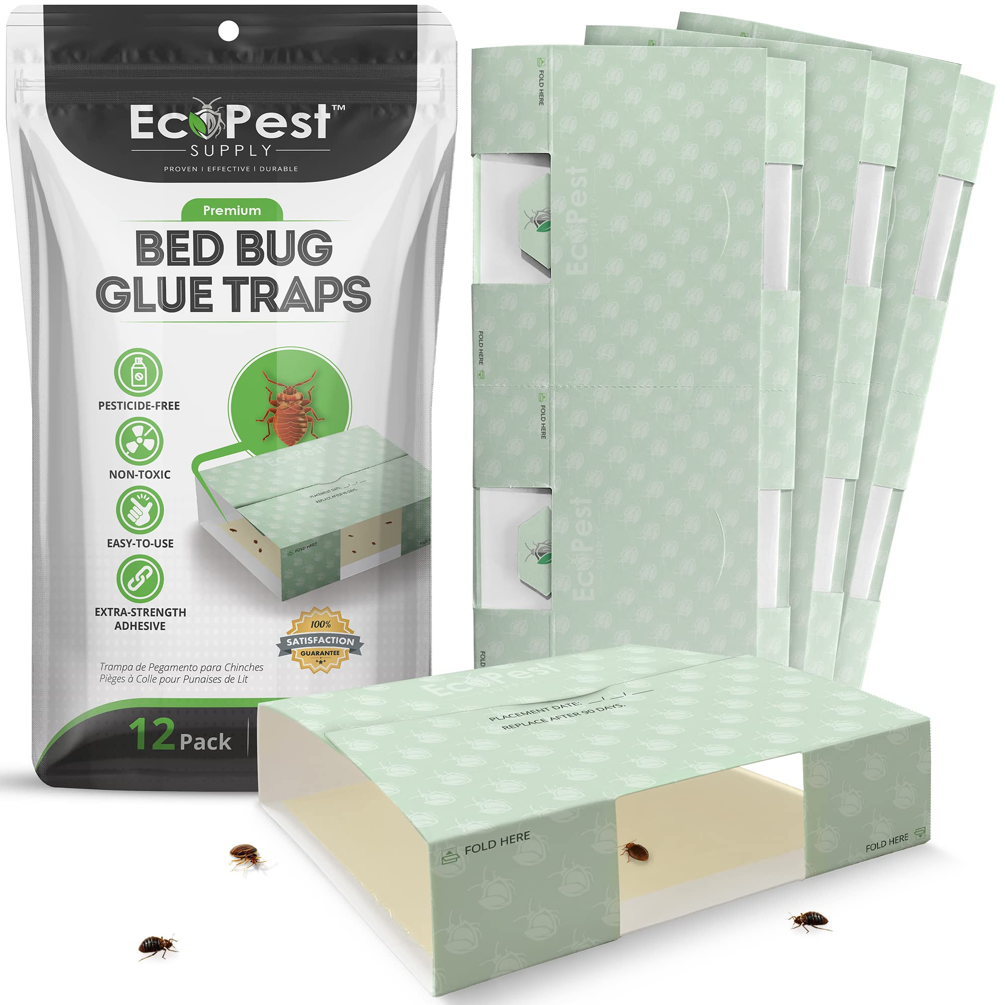 Bed Bug Glue Traps – 12 Pack | Sticky Pest Control Trap and Bed Bug Killer | Adhesive Crawling Insect Interceptors, Trap, Monitor, and Detector for Treatment of Bed Bugs and Other Indoor Pests