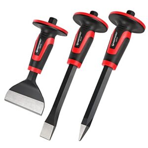 maxpower 3pcs masonry chisel set, 11 inch point chisel and flat chisel, 8 inch brick chisel, tile chisel concrete chisel with thickness hand guard