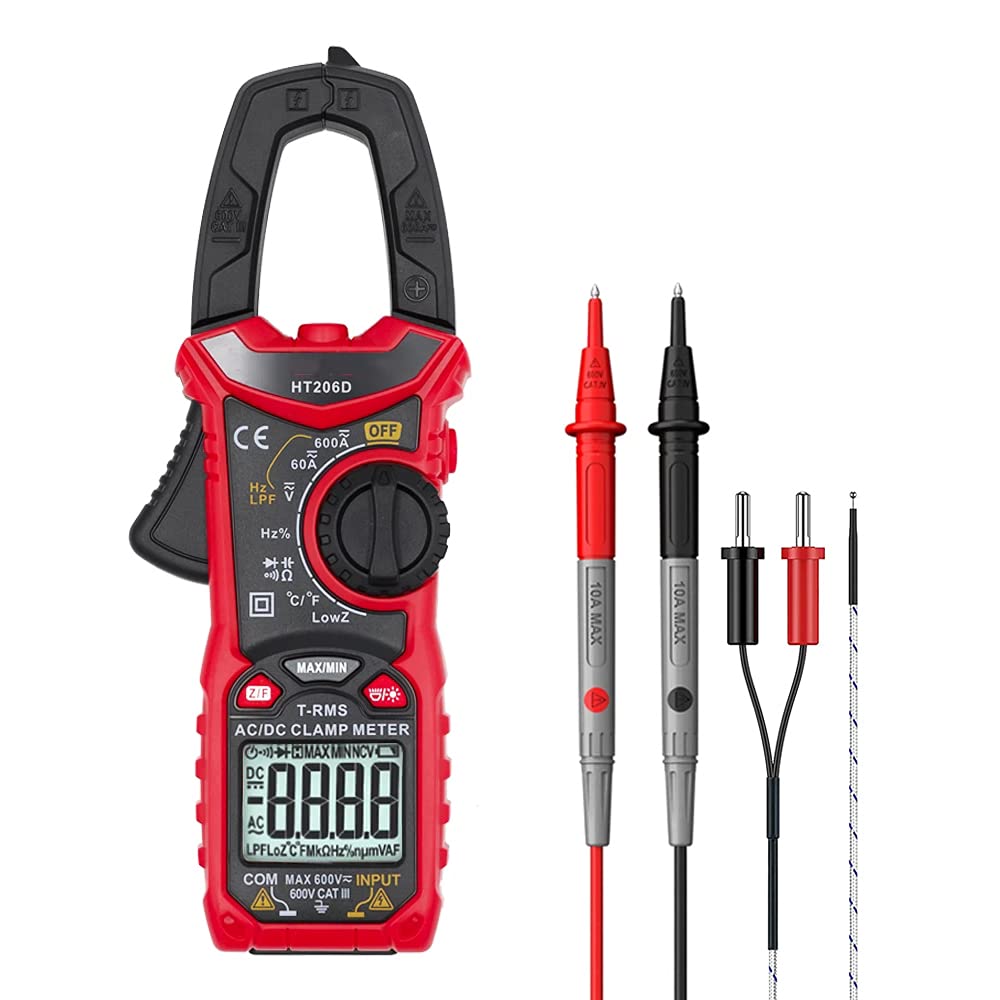 AC/DC Digital Clamp Meter T-RMS 6000 Counts, Multimeter Voltage Tester Auto-ranging, NCV AC DC Current Voltage Resistance Capacitance Frequency Diode Temperature Measure Tester HT206D