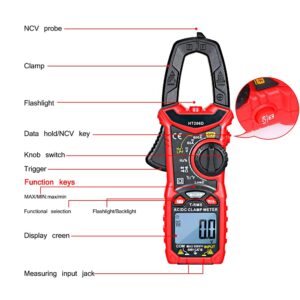 AC/DC Digital Clamp Meter T-RMS 6000 Counts, Multimeter Voltage Tester Auto-ranging, NCV AC DC Current Voltage Resistance Capacitance Frequency Diode Temperature Measure Tester HT206D