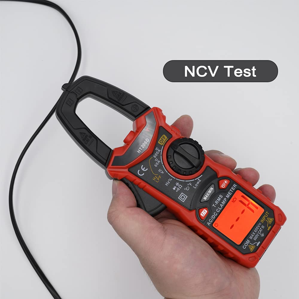 AC/DC Digital Clamp Meter T-RMS 6000 Counts, Multimeter Voltage Tester Auto-ranging, NCV AC DC Current Voltage Resistance Capacitance Frequency Diode Temperature Measure Tester HT206D