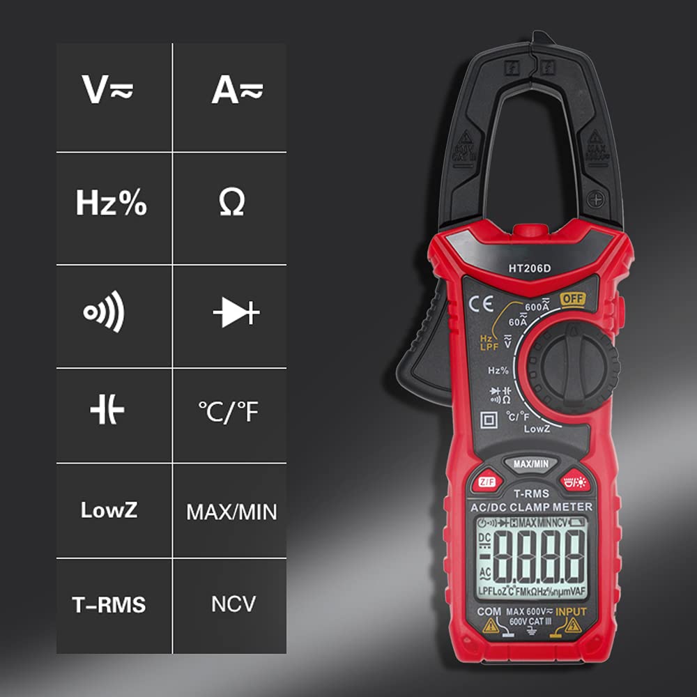 AC/DC Digital Clamp Meter T-RMS 6000 Counts, Multimeter Voltage Tester Auto-ranging, NCV AC DC Current Voltage Resistance Capacitance Frequency Diode Temperature Measure Tester HT206D