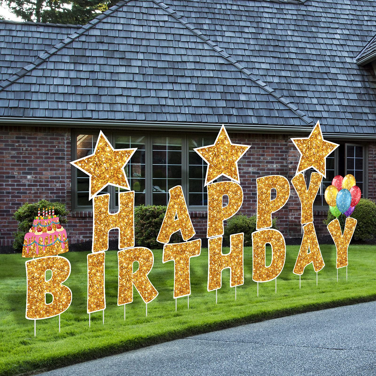 Jetec 18 Pieces Happy Birthday Yard Signs with Stakes, 16 Inches Birthday Outdoor Lawn Signs, Birthday Cake Balloon Patio Decorations, Garden Lawn Decorations for Birthday Party(Gold)