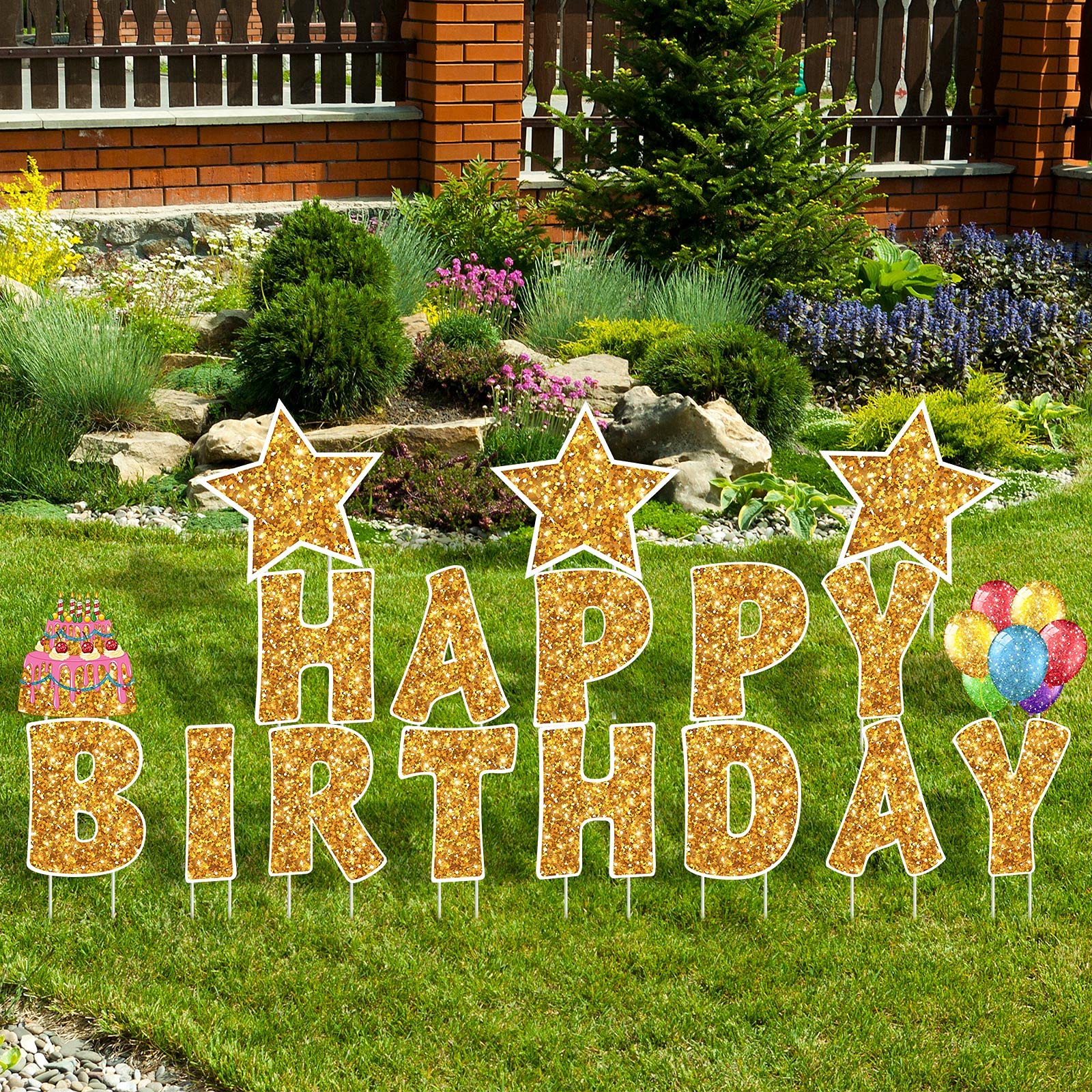 Jetec 18 Pieces Happy Birthday Yard Signs with Stakes, 16 Inches Birthday Outdoor Lawn Signs, Birthday Cake Balloon Patio Decorations, Garden Lawn Decorations for Birthday Party(Gold)