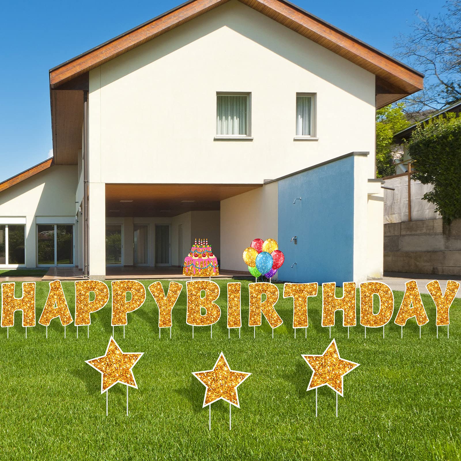 Jetec 18 Pieces Happy Birthday Yard Signs with Stakes, 16 Inches Birthday Outdoor Lawn Signs, Birthday Cake Balloon Patio Decorations, Garden Lawn Decorations for Birthday Party(Gold)