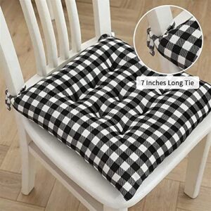 AKSTRN Black and White Plaid, Set of 4 Buffalo-Checked Chair Pads for DiningKitchen Chairs Seat Cushions for Outdoor Patio with Ties, 16 x 16 Inches Chair Cushion, 4 Pack