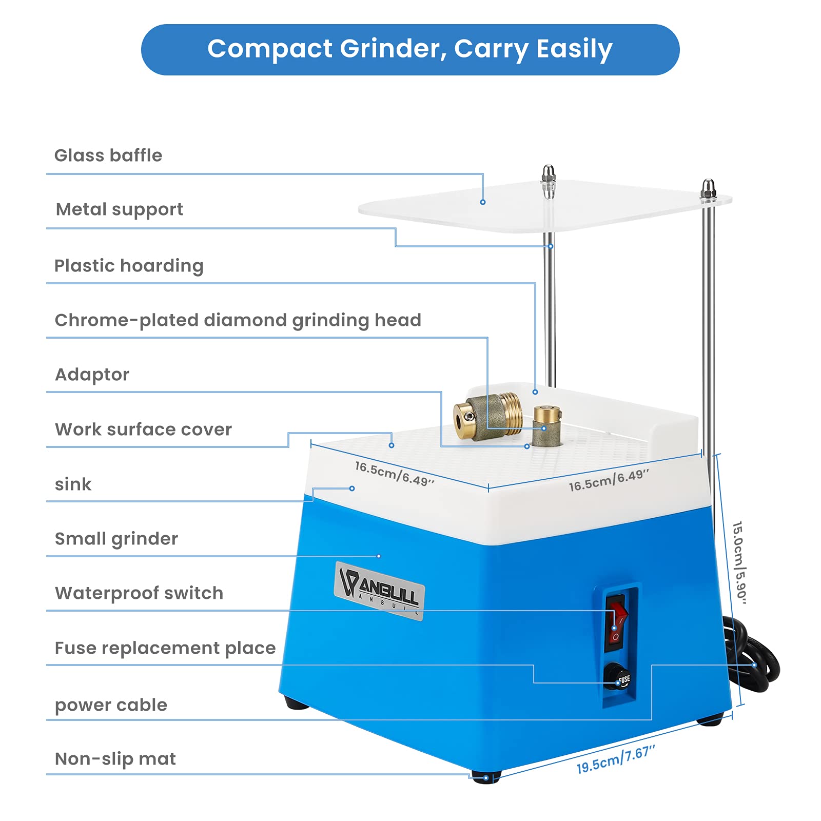 ANBULL Stained Glass Grinder Machine,Mini Portable Stained Grinder Glass Art Grinding Tool with 5/8" & 1" Grinder Bits (110V, 65W, Blue)