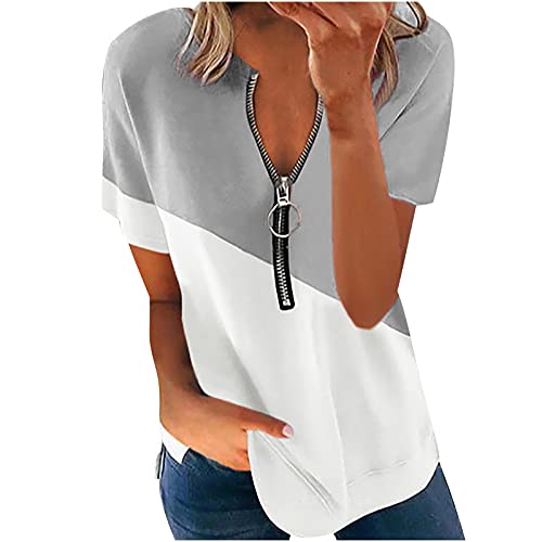 CofeeMO Bravetoshop Womens Summer Short Sleeve Casual Tunic Tops Loose Fit T-Shirt Zipper V-Neck Blouses Tee (Gray,XXL)