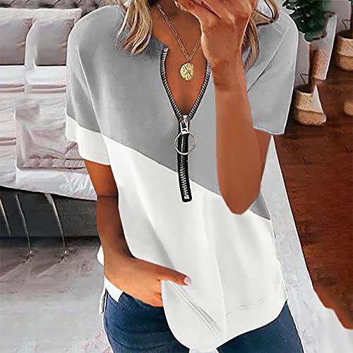 CofeeMO Bravetoshop Womens Summer Short Sleeve Casual Tunic Tops Loose Fit T-Shirt Zipper V-Neck Blouses Tee (Gray,XXL)