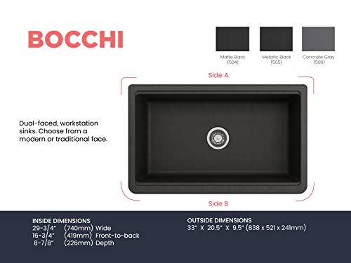 BOCCHI Arona Apron-Front 33 in. Single Bowl Granite Composite Kitchen Sink with Integrated Workstation and Accessories in Metallic Black