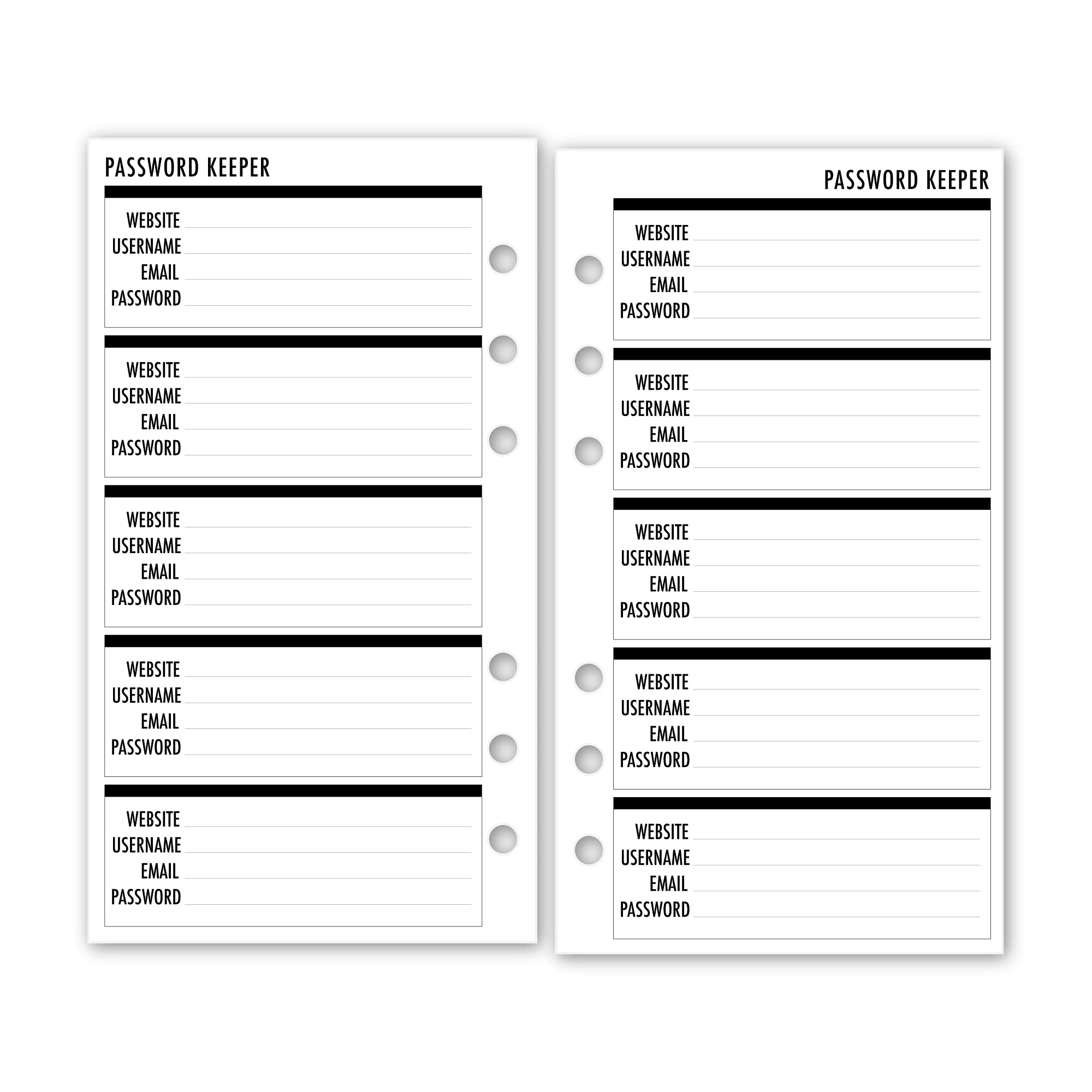 Personal size Password Keeper Planner Refill, Fits 6-Ring Binders - Filofax, LV MM, Kate Spade, 30 Sheets