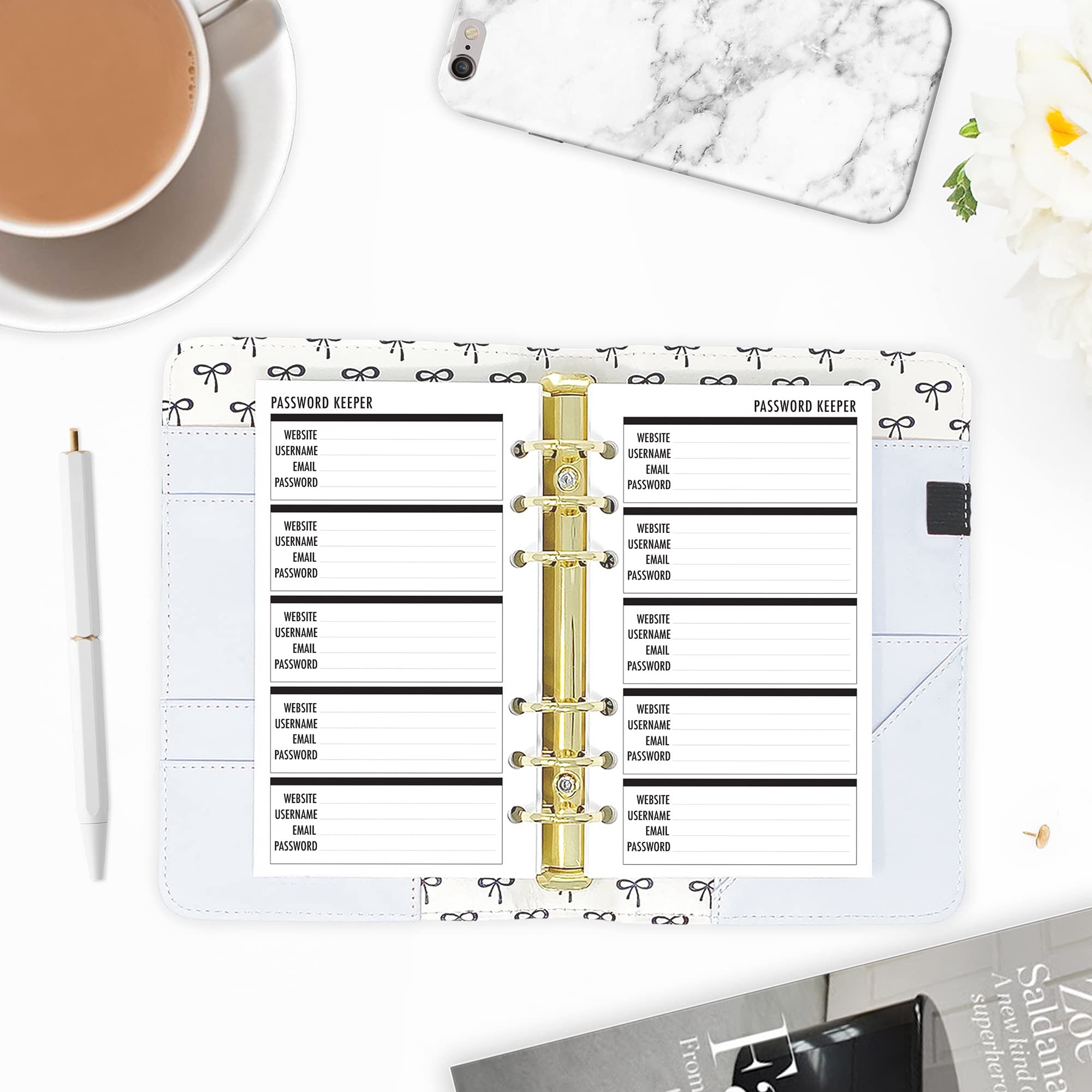 Personal size Password Keeper Planner Refill, Fits 6-Ring Binders - Filofax, LV MM, Kate Spade, 30 Sheets