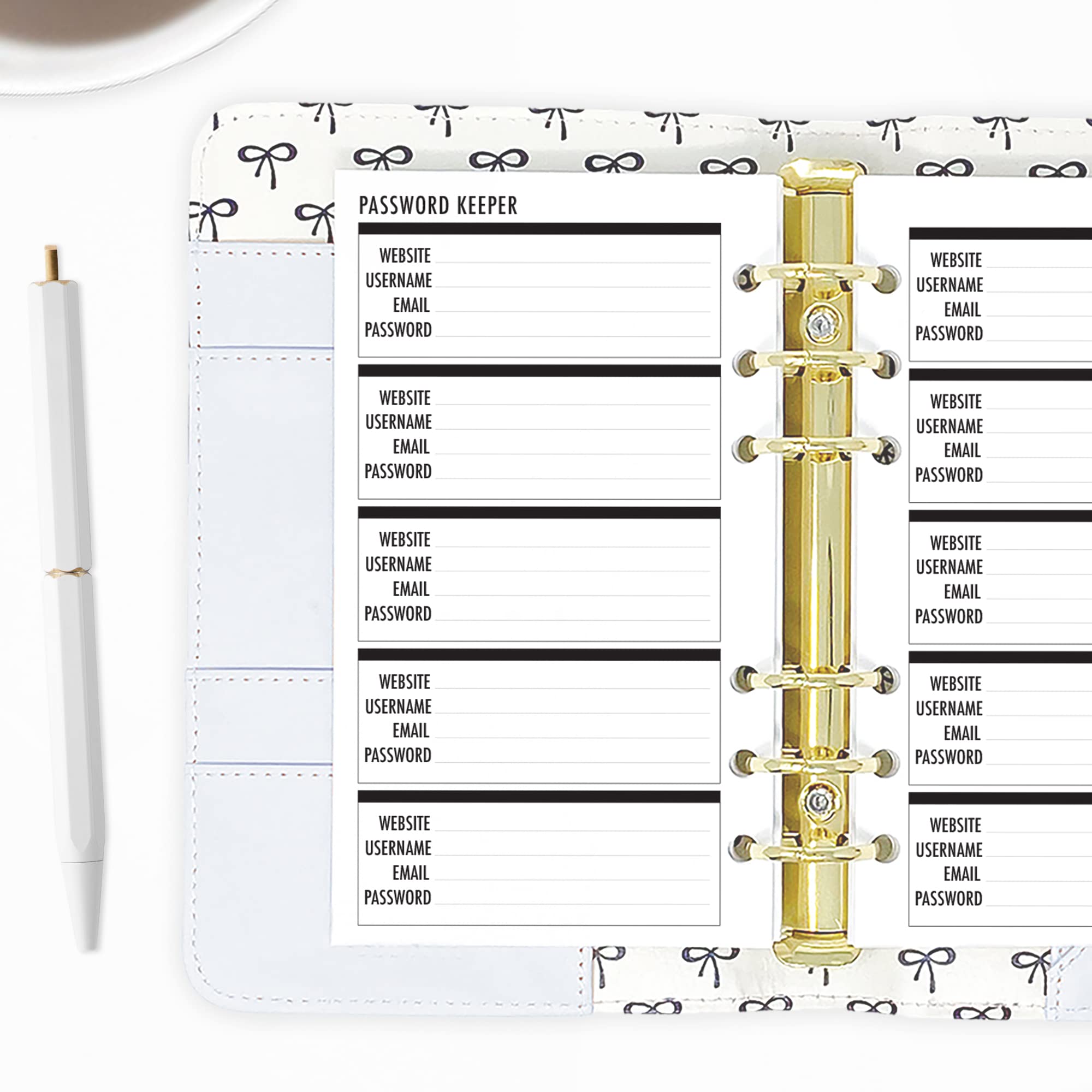 Personal size Password Keeper Planner Refill, Fits 6-Ring Binders - Filofax, LV MM, Kate Spade, 30 Sheets