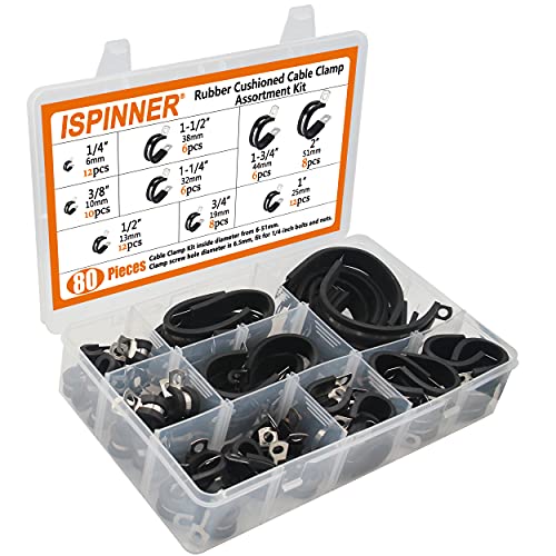 ISPINNER 80pcs Cable Clamps Assortment Kit, 304 Stainless Steel Rubber Cushioned Pipe Clamps in 9 Sizes 2" 1-3/4" 1-1/2" 1-1/4" 1" 3/4" 1/2" 3/8" 1/4"