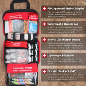 330 Piece First Aid Kit, Premium Waterproof Compact Trauma Medical Kits for Any Emergencies, Ideal for Home, Office, Car, Travel, Outdoor, Camping, Hiking, Boating (Red)