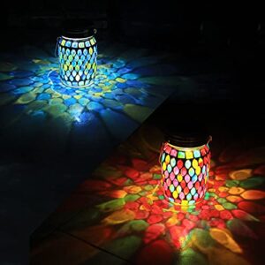 2 Pack Solar Outdoor Mosaic Lantern,Solar Lights Outdoor Hanging Lanterns Rechargeable Waterproof Table lamp Mosaic Night Light for Garden, Patio, Party, Yard, Outdoor/Indoor Decorations