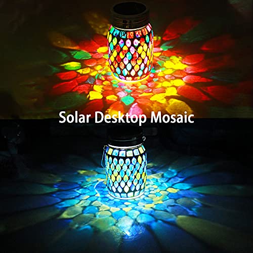 2 Pack Solar Outdoor Mosaic Lantern,Solar Lights Outdoor Hanging Lanterns Rechargeable Waterproof Table lamp Mosaic Night Light for Garden, Patio, Party, Yard, Outdoor/Indoor Decorations