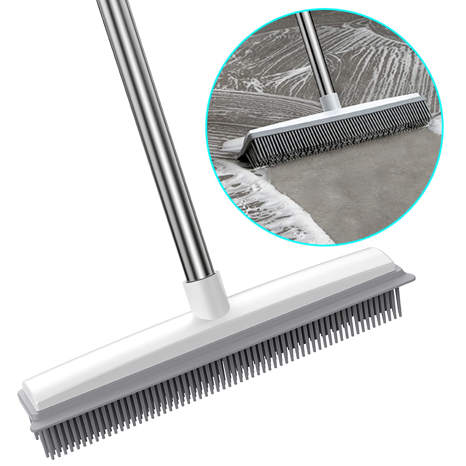 Rubber Broom with Squeegee and Adjustable Long Handle, Pet Hair and Fur Remover, Carpet Rake and Floor Brush for Hardwood, Tile and Window