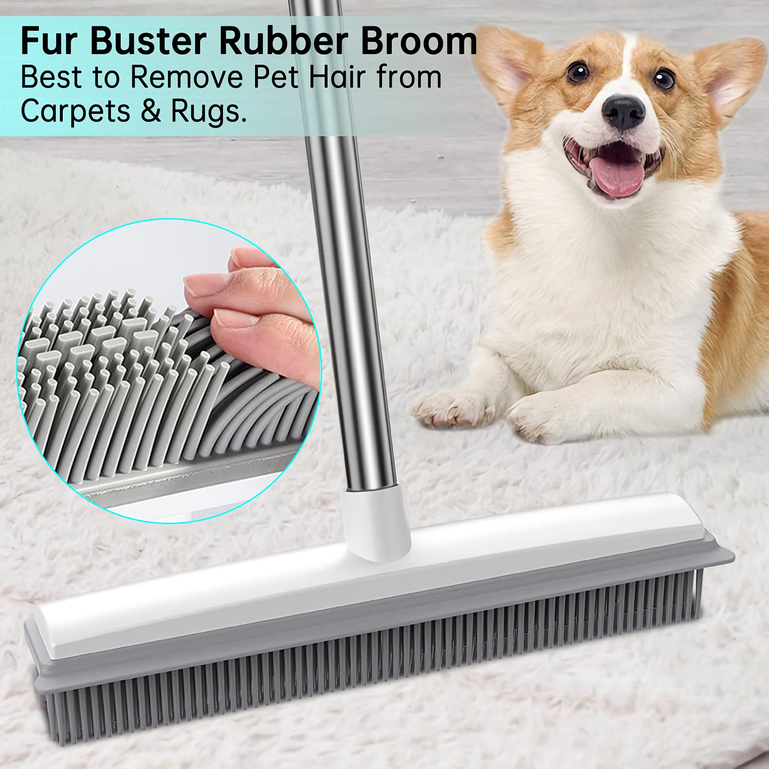 Rubber Broom with Squeegee and Adjustable Long Handle, Pet Hair and Fur Remover, Carpet Rake and Floor Brush for Hardwood, Tile and Window