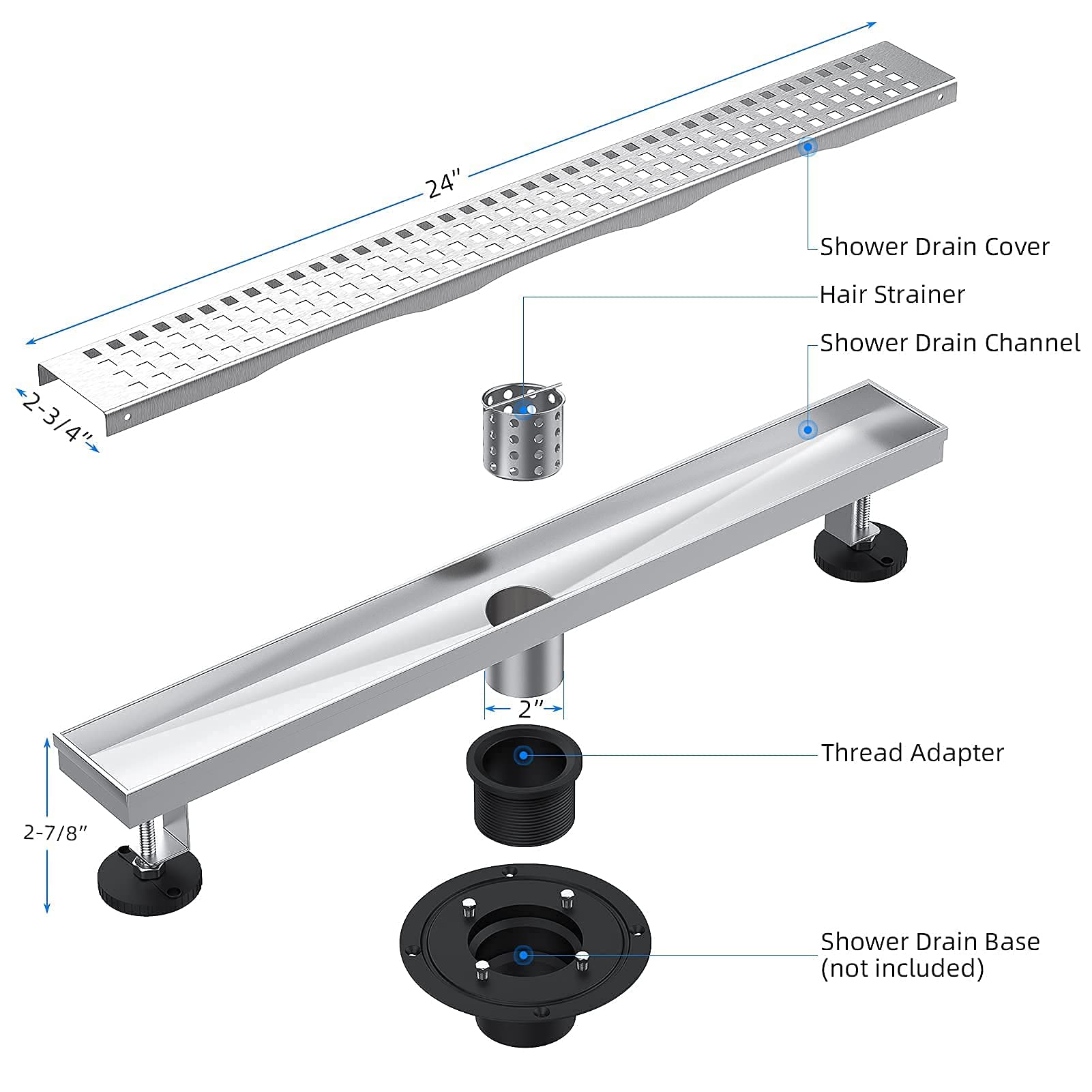 ZEKOO Linear Shower Drain 24 Inch Brushed Nickel,304 Stainless Steel Floor Drain for Bathroom,Rectangular Shower Floor Drain with Grate Removable,Linear Drain