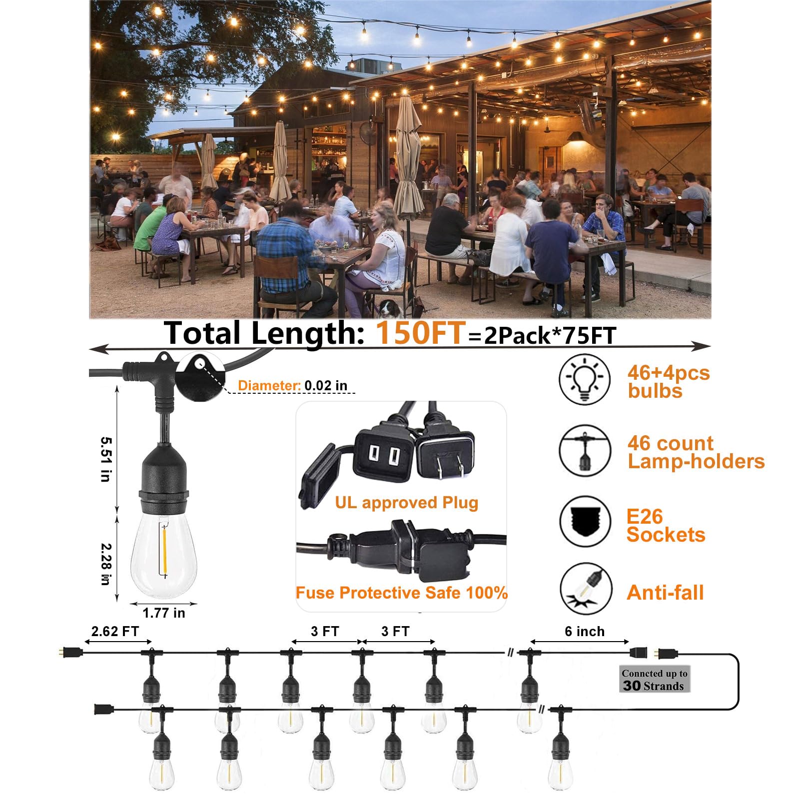 MEIDAODUO Outdoor String Lights LED 150FT Waterproof Heavy-Duty Patio Lights String with 50 Dimmable Shatterproof Plastic Edison Bulbs(4 Extra) for Gazebo Pergola Bistro Lights Connectable