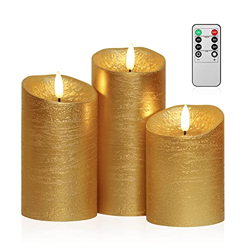 COVEGE Flickering Flameless Candles with Timer, Remote Control Candles Set of 3, LED Battery Operated Candles for Christmas Home Decoration, Gold