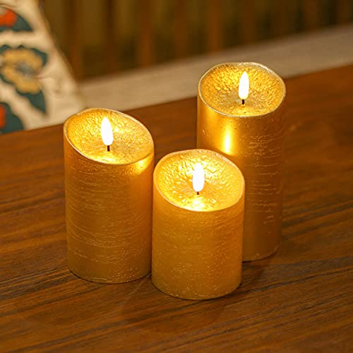 COVEGE Flickering Flameless Candles with Timer, Remote Control Candles Set of 3, LED Battery Operated Candles for Christmas Home Decoration, Gold