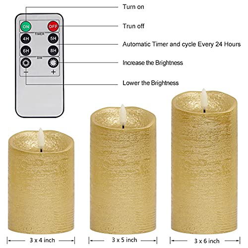 COVEGE Flickering Flameless Candles with Timer, Remote Control Candles Set of 3, LED Battery Operated Candles for Christmas Home Decoration, Gold